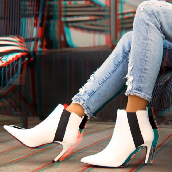 Qupid | Shoes | Qupid White Crinkle Black Elastic Heeled Bootie | Poshmark